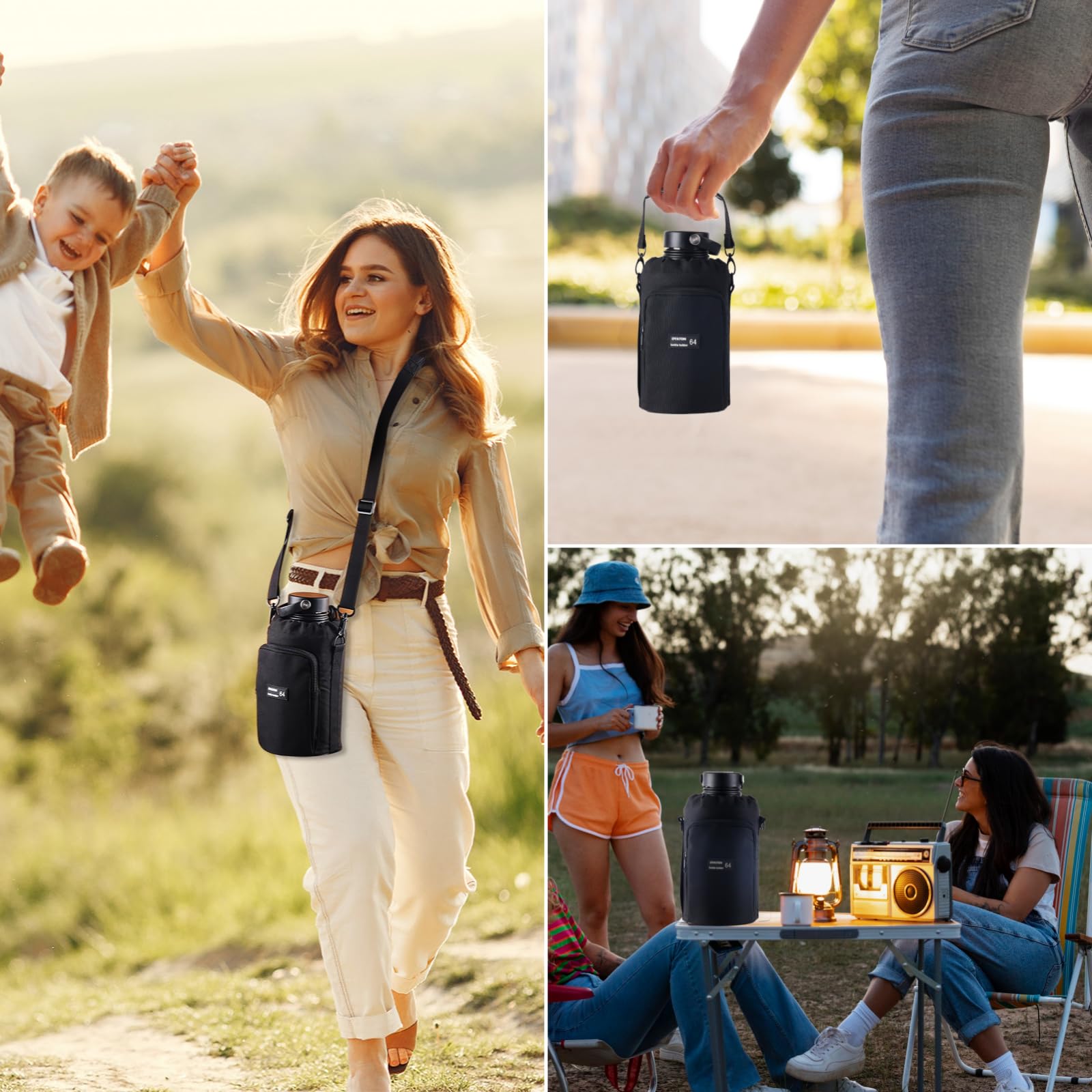 OYATON Water Bottle Holder With Strap for 64oz Bottles, Water Bottle Carrier Bag With Pocket and Handle for Walking Travel and Hiking(Exclude Bottle)