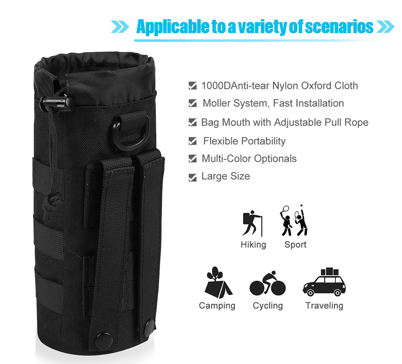 ANJINU Molle Water Bottle Holder, Water Molle Attachments, Molle Water Bottle Pouch, Tactical Backpack Attachment Pouches (Black)
