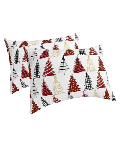 Multi Christmas Tree Pillow Covers Standard Size Set of 2 20x26 Bed Pillow, Plush Soft Comfort for Hair/ Skin Cooling Pillowcases with Envelop Closure Throw Covers Geometric Red Black Plaid Dot