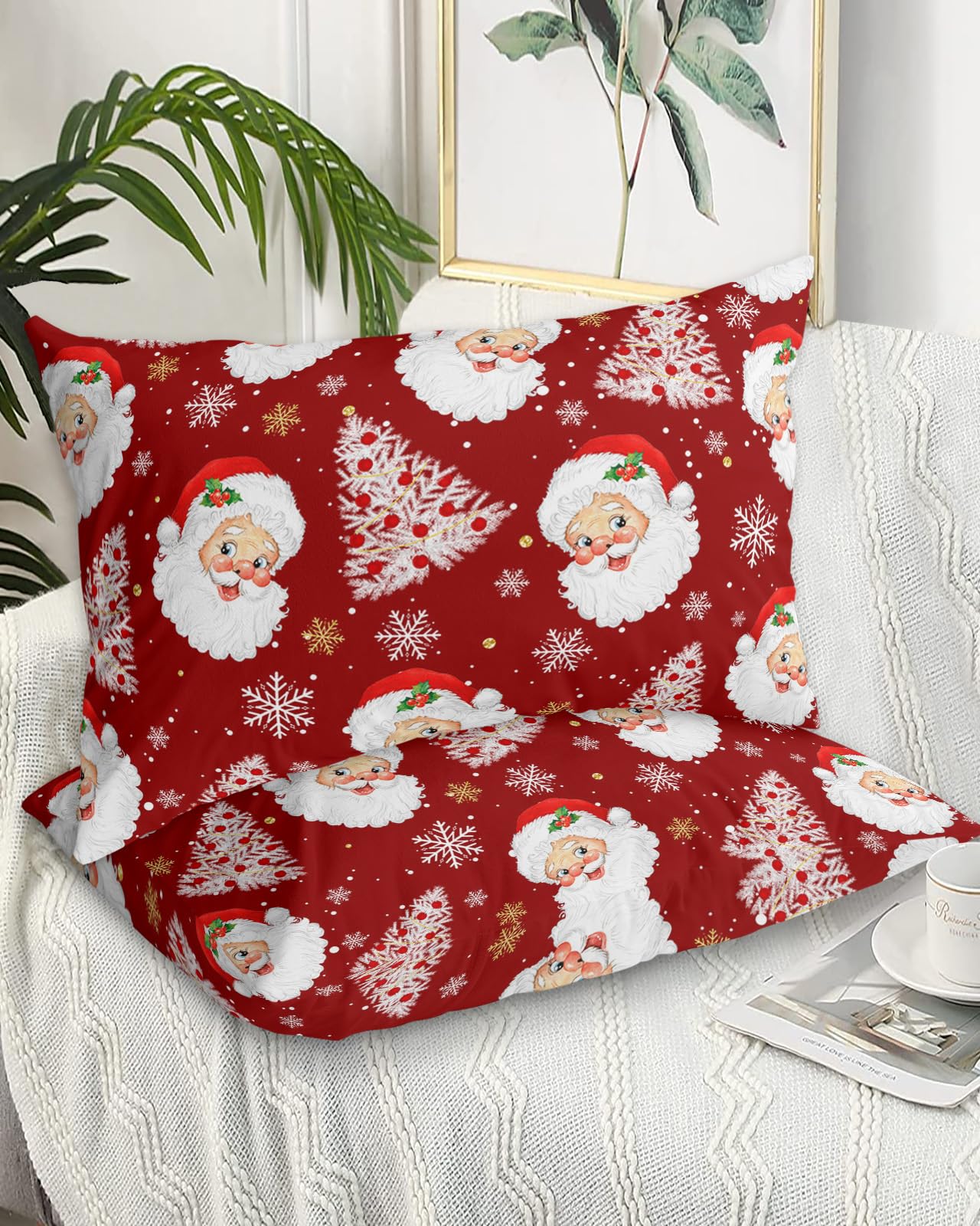 Edwiinsa Christmas Santa Pillow Covers King Standard Set of 2 20x36 Bed Pillow, Plush Soft Comfort for Hair/Skin Cooling Pillowcases with Envelop Closure Throw Covers Red Xmas Tree Gold Snowflake