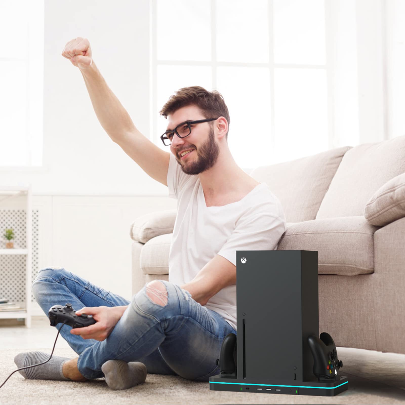 Charging Stand with Cooling Fan, CODOGOY Vertical Stand Compatible with Xbox Series X/S Console&Controller, Dual Controller Charger Station Dock with 3 USB Ports,2*1100 mAh Rechargeable Battery Packs
