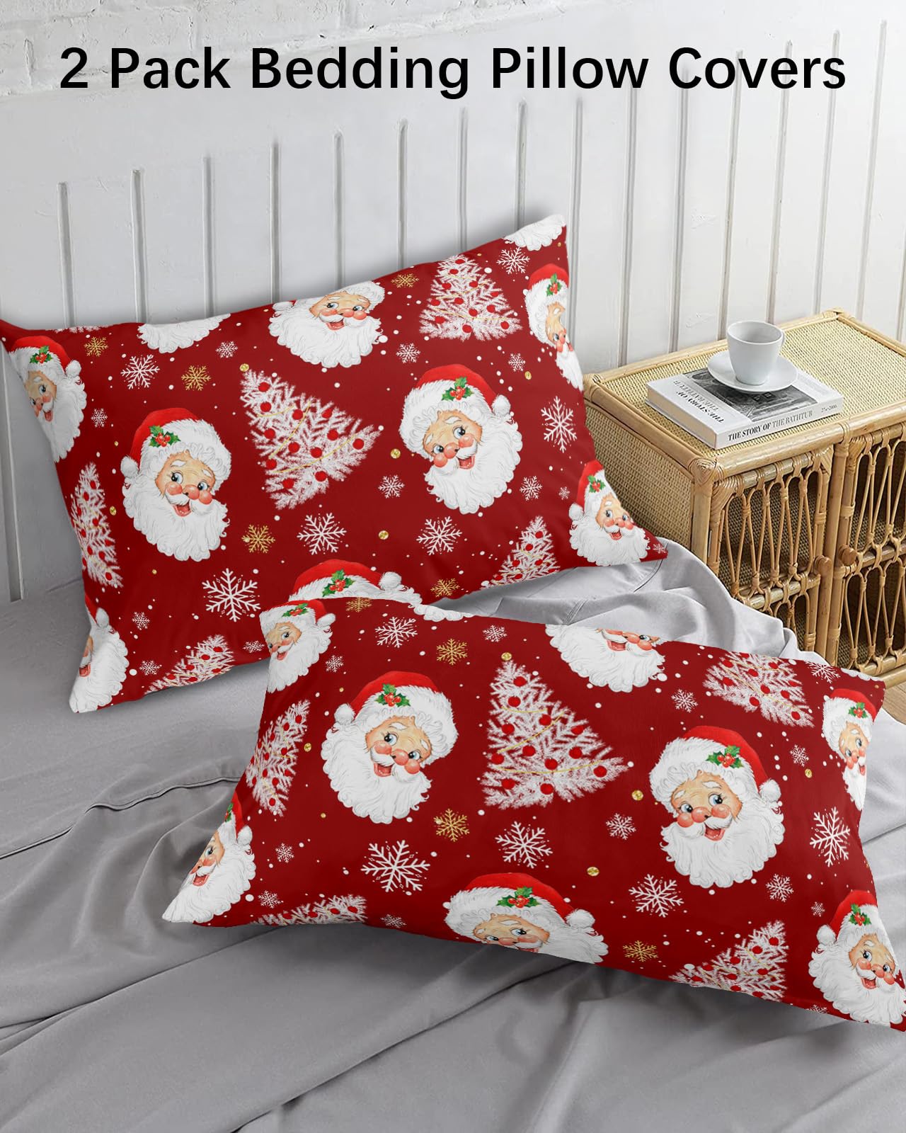 Edwiinsa Christmas Santa Pillow Covers King Standard Set of 2 20x36 Bed Pillow, Plush Soft Comfort for Hair/Skin Cooling Pillowcases with Envelop Closure Throw Covers Red Xmas Tree Gold Snowflake