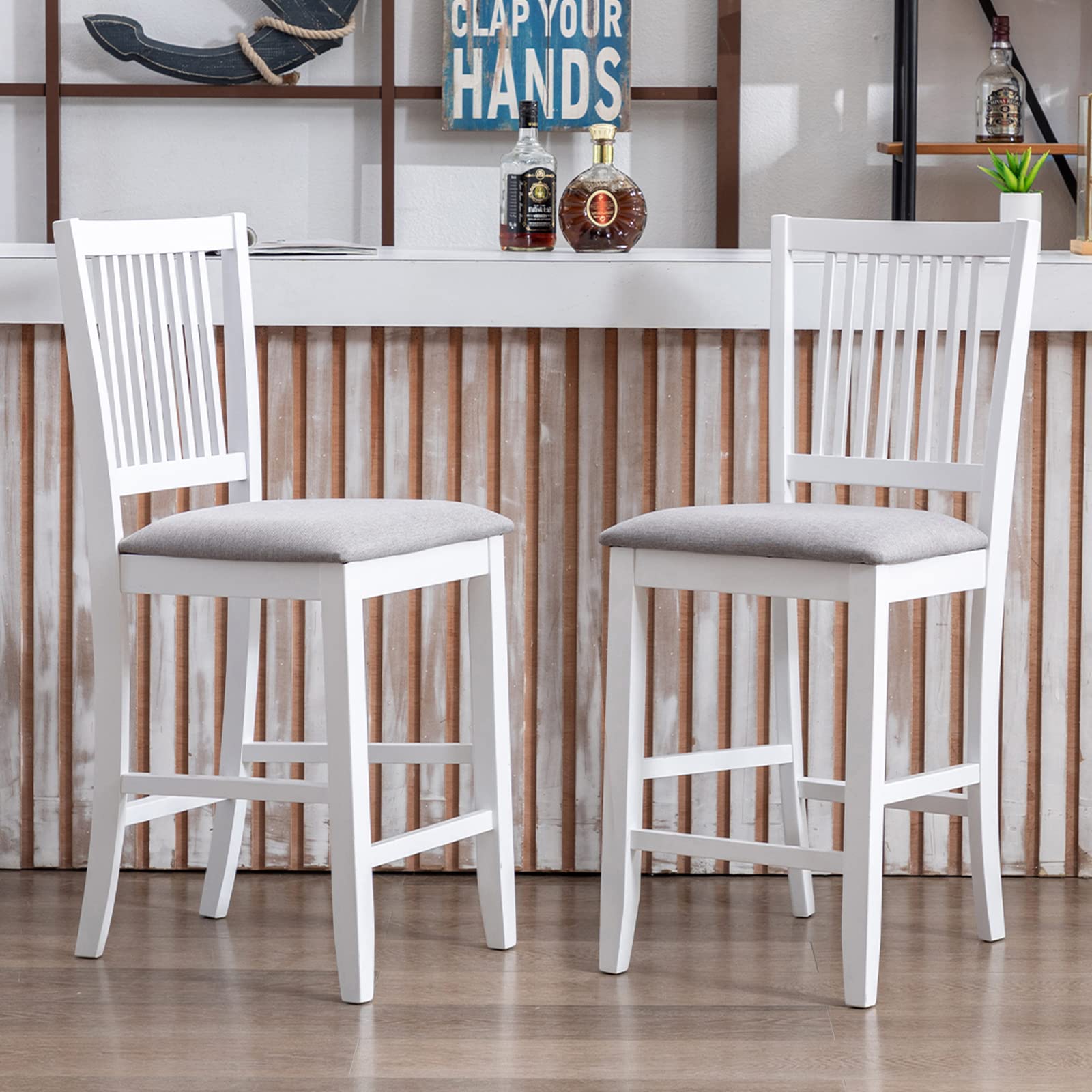 DUHOME Wood Bar Stools Set of 2, Counter Height Chairs Upholstered Barstool with Backrest Farmhouse Counter Stools for Kitchen Islands, White