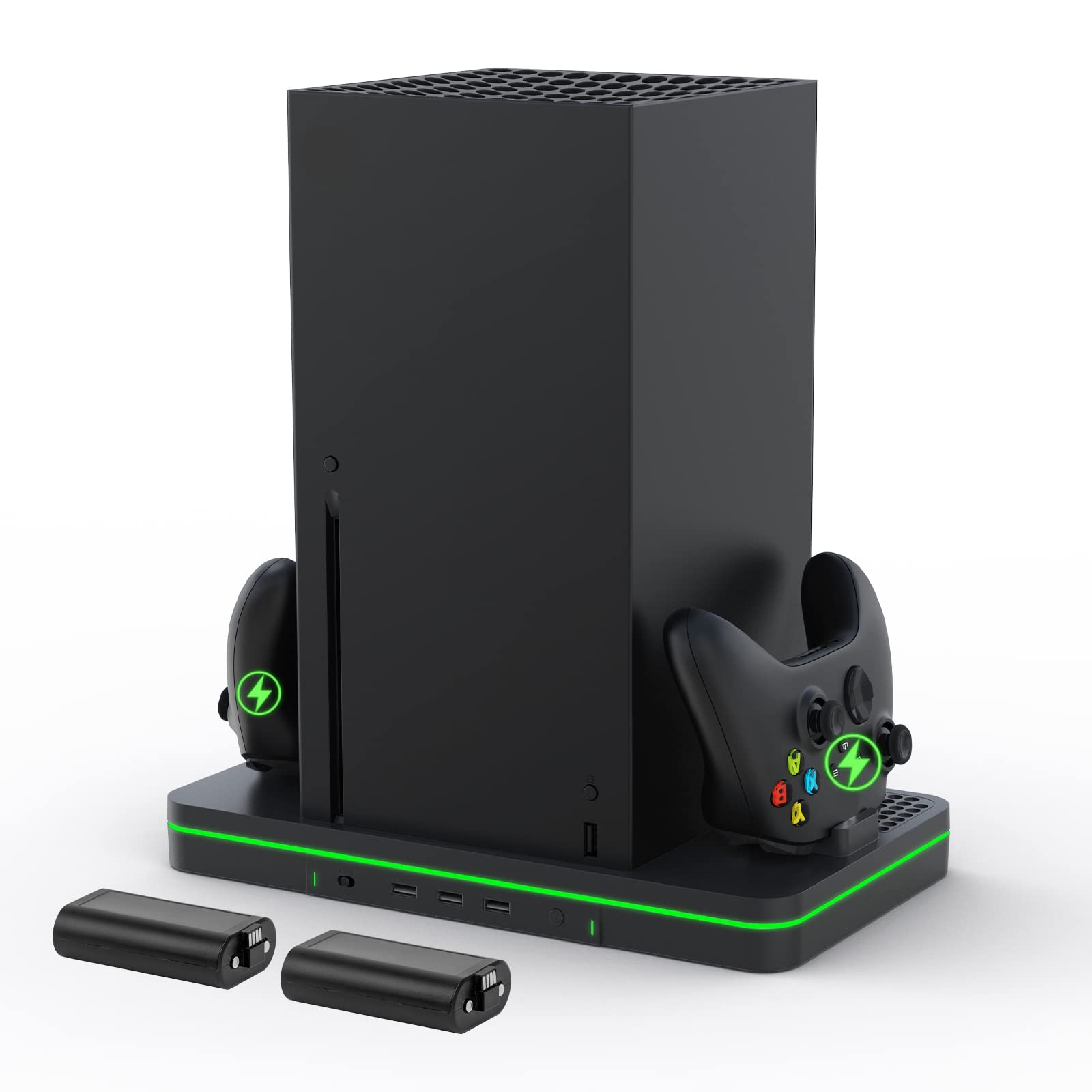 Charging Stand with Cooling Fan, CODOGOY Vertical Stand Compatible with Xbox Series X/S Console&Controller, Dual Controller Charger Station Dock with 3 USB Ports,2*1100 mAh Rechargeable Battery Packs