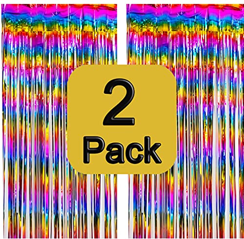 2 Pack 3.3 ft x 6.6 ft Metallic Tinsel Foil Fringe Curtains Backdrop Rainbow Tinsel Curtains Photo Backdrop Wall Decoration for Christmas Graduation Birthday Party(Multicolor-1)