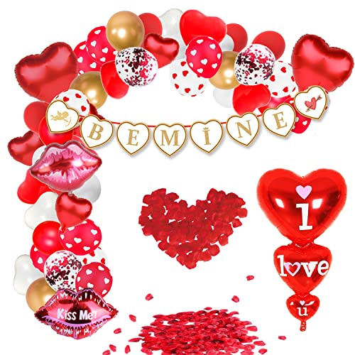 Valentines Day Balloon Arch Garland Kit, Red White Love Balloons Red Confetti Balloons Red Rose Petals Heart Garland I Love U Balloon Be Mine Banner for Valentine Day Engagement Wedding Decorations