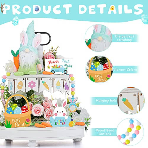 15 Pcs Easter Tiered Tray Decor Easter Bunny Easter Egg Easter Gnomes Plush Doll Table Centerpiece Wooden Signs Farmhouse Happy Spring Decoration for Indoor Home Kitchen Decor