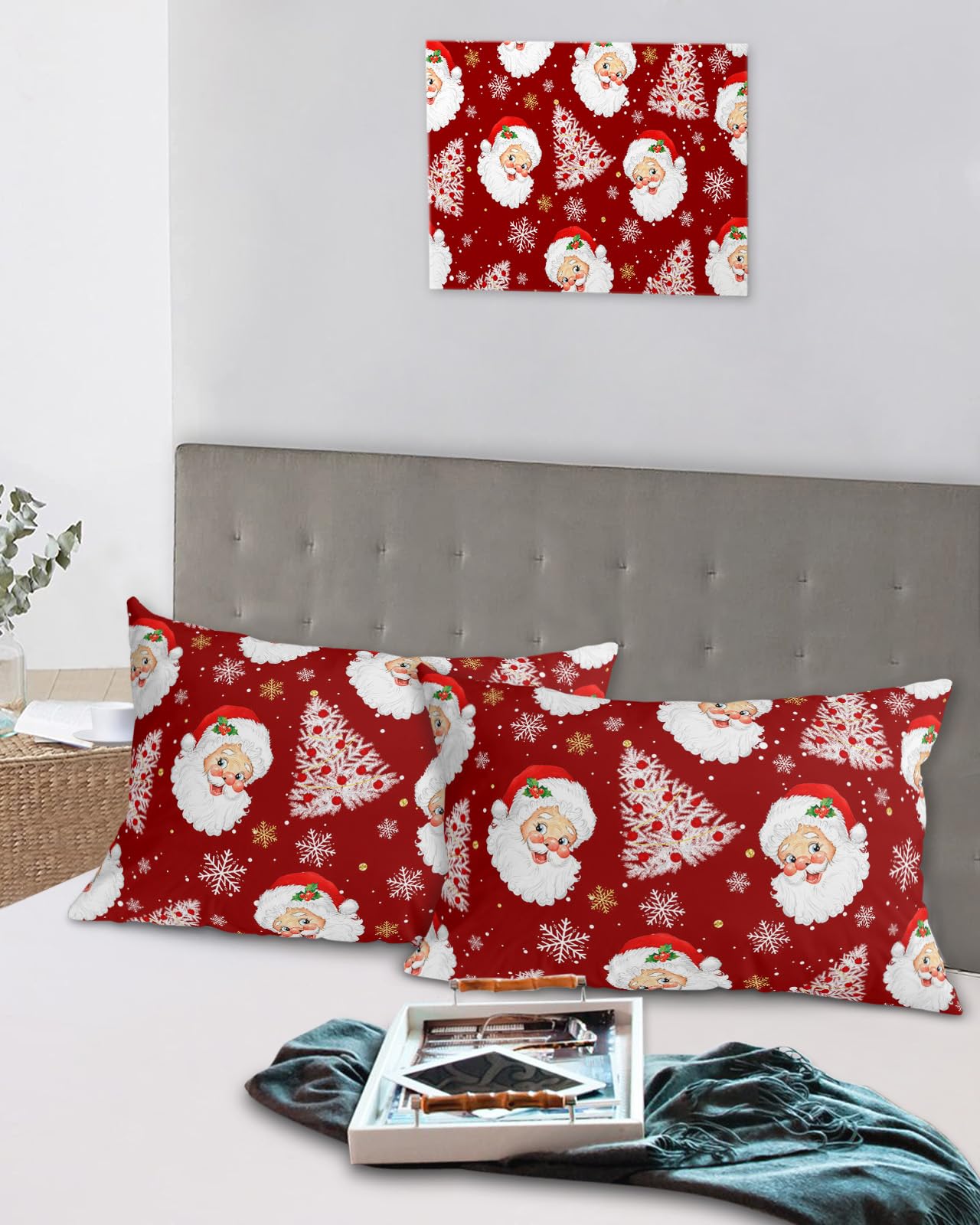 Edwiinsa Christmas Santa Pillow Covers King Standard Set of 2 20x36 Bed Pillow, Plush Soft Comfort for Hair/Skin Cooling Pillowcases with Envelop Closure Throw Covers Red Xmas Tree Gold Snowflake