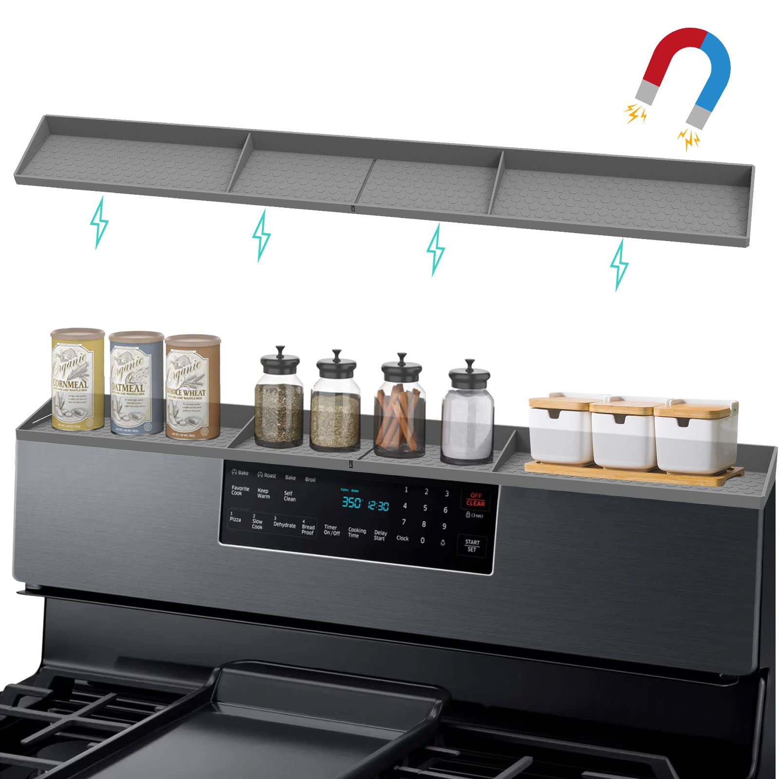 xingruyu 30 Inch Silicone Magnetic Stove Top Shelf, Magnetic Spice Rack Over the Stove, Condiment Storage Shelf, Heat Insulated Kitchen Gadgets, Zero Installation, Not Easy to Slide (Gray)