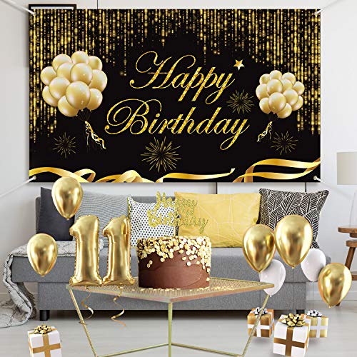 6 x 3.6ft Happy Birthday Party Backdrop Banner, Large Fabric Washable Glitter Sign Poster Background for 30th 40th 50th 60th 70th 80th Birthday Party Supplies Decorations (Black Gold)