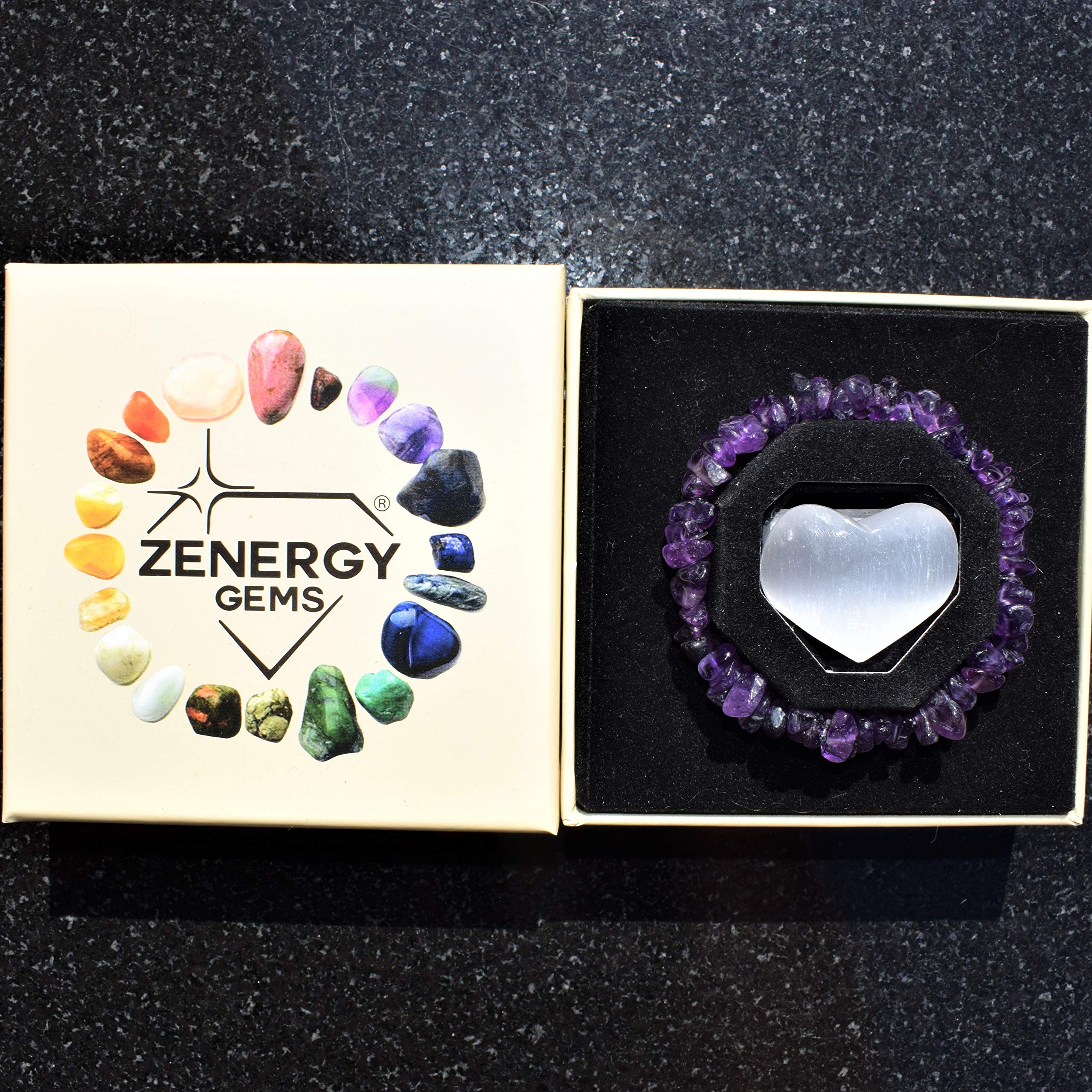 Zenergy Gems CHARGED Premium 7" Natural Dark Amethyst Crystal Chip Bracelet Stretchy + Selenite Heart Charging Crystal (GAIN CREATIVITY, COURAGE, INDEPENDENCE, & PROSPERITY - BALANCES EMOTIONS)