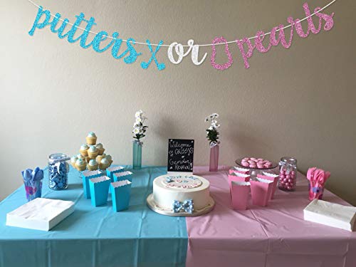 Putters or Pearls Gender Reveal Banner Cake Topper Glitter Pre-Strung for Golf Gender Reveal Party Supplies Decorations