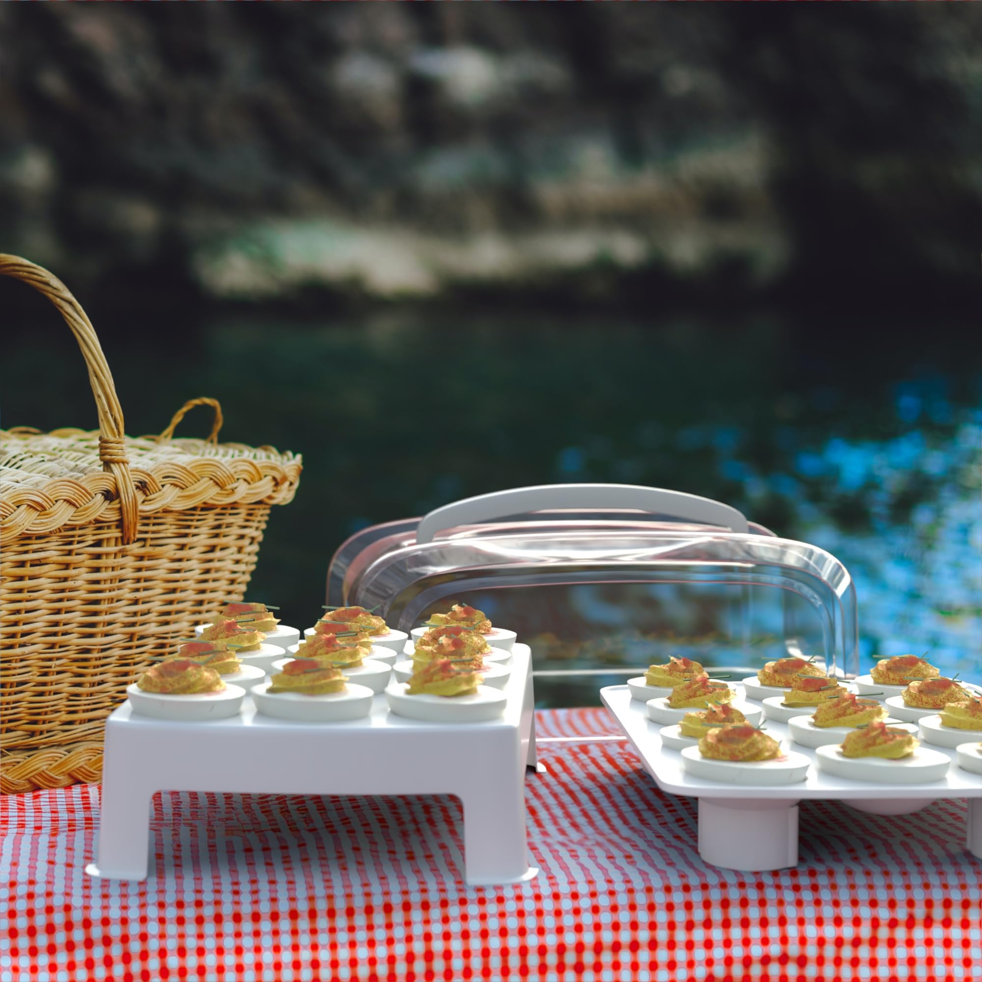 Top Shelf Elements Deviled Egg Carrier, Egg Holder Carries 24 Standard-Size Eggs/Deviled Eggs, Durable Egg Traveler Two Tier Stand and Reusable Egg Box (White)