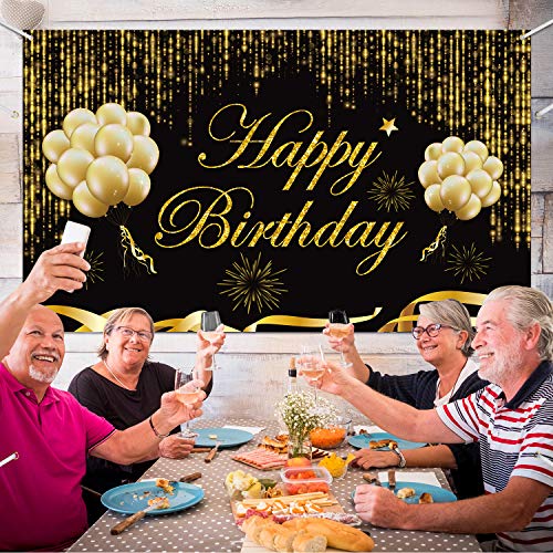 6 x 3.6ft Happy Birthday Party Backdrop Banner, Large Fabric Washable Glitter Sign Poster Background for 30th 40th 50th 60th 70th 80th Birthday Party Supplies Decorations (Black Gold)