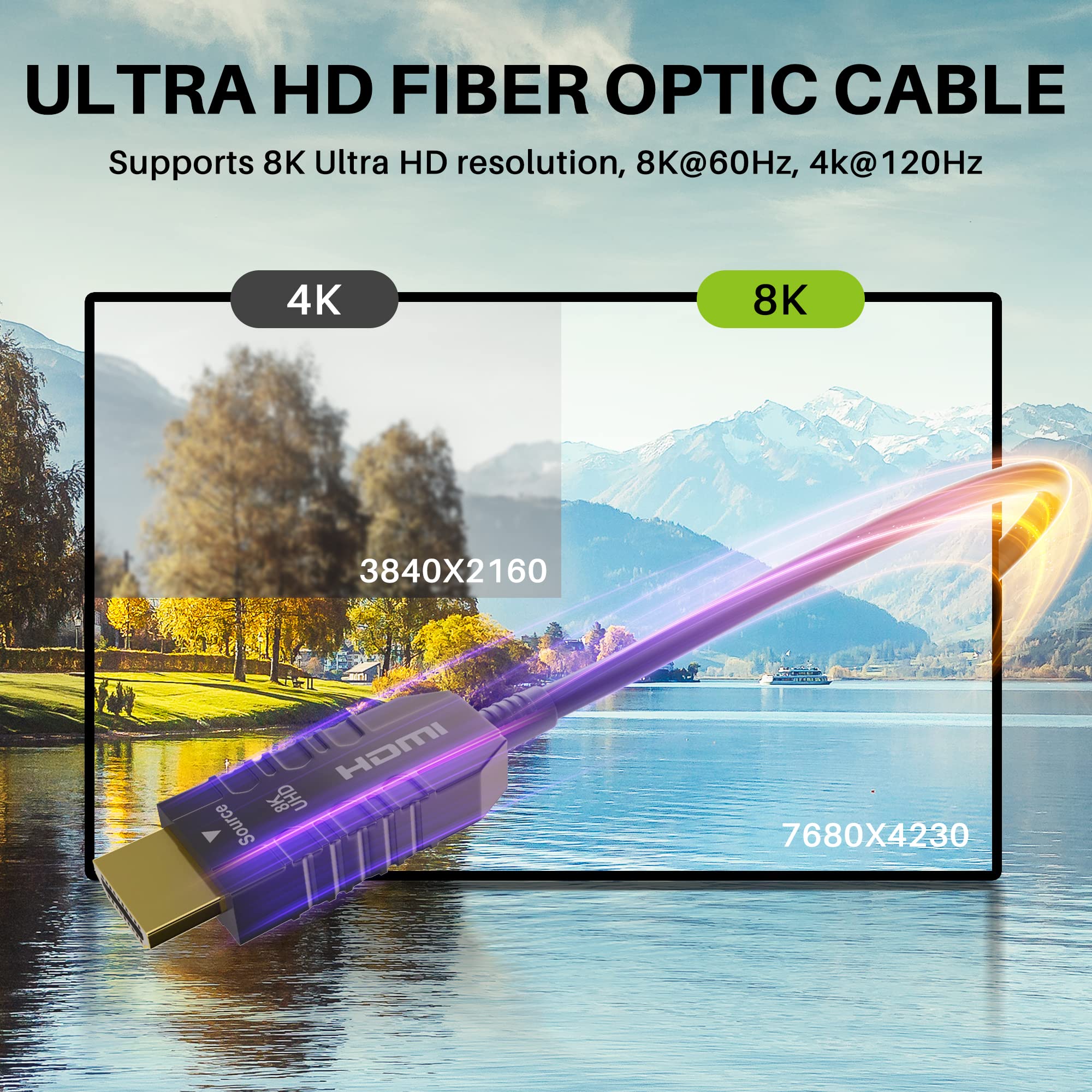 Certified 8K Fiber Optic HDMI® Cable 50FT, Real HDMI® Cable, Ultra HD, 48Gbps, Supports 8K@60Hz, 4K@120Hz, 2K@144Hz, HDR, HDCP 2.2&2.3, Dolby, eARC for Xbox, Series X, Laptop, Switch, PS5, UHD TV