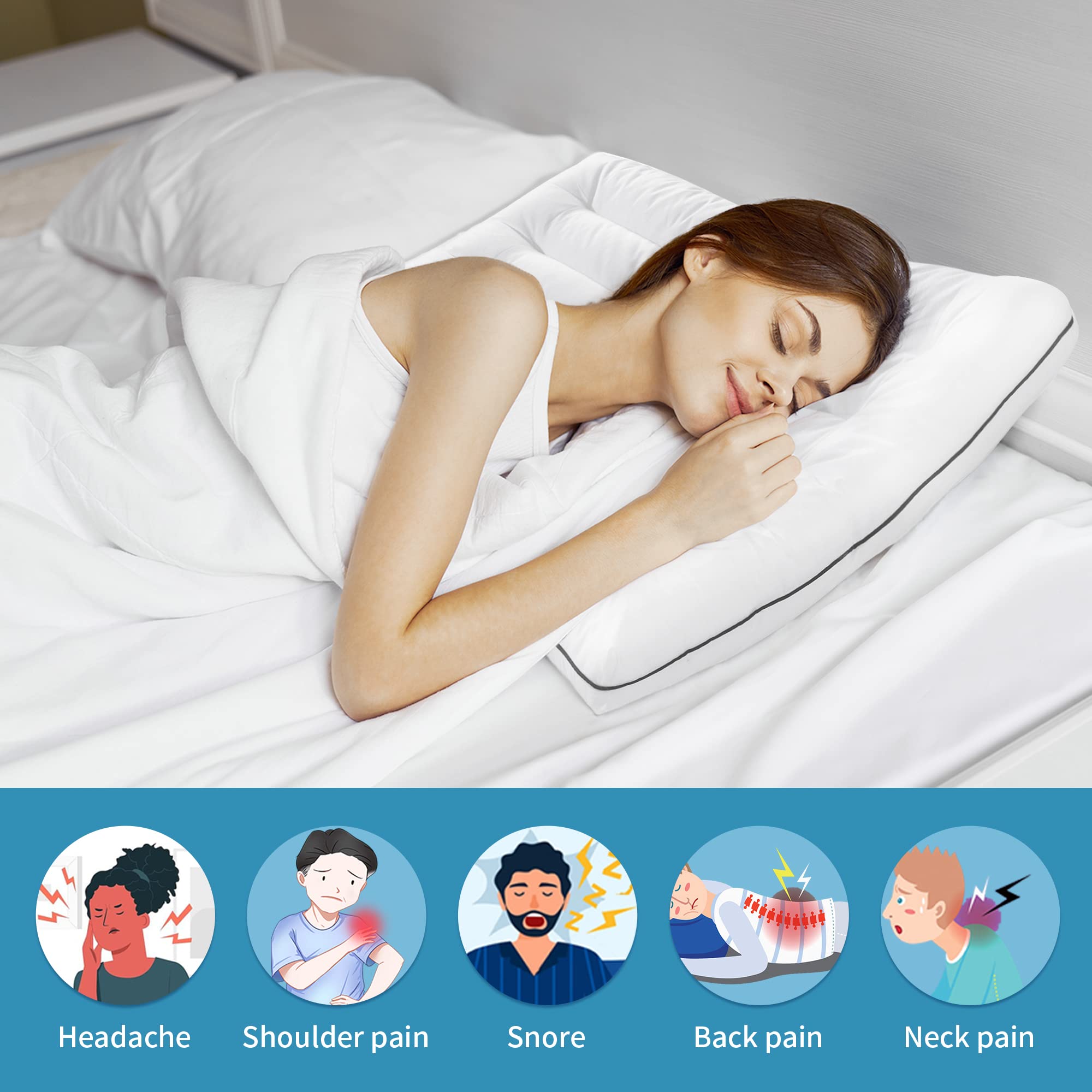 HOMBYS Ultra Thin Flat Bed Pillow for Stomach and Back Sleepers,Standard Size Down Alternative Cervical Pillow for Neck Pain, 100% Cotton Shell, White,2.5 inch