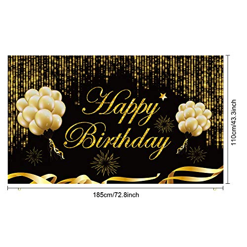 6 x 3.6ft Happy Birthday Party Backdrop Banner, Large Fabric Washable Glitter Sign Poster Background for 30th 40th 50th 60th 70th 80th Birthday Party Supplies Decorations (Black Gold)