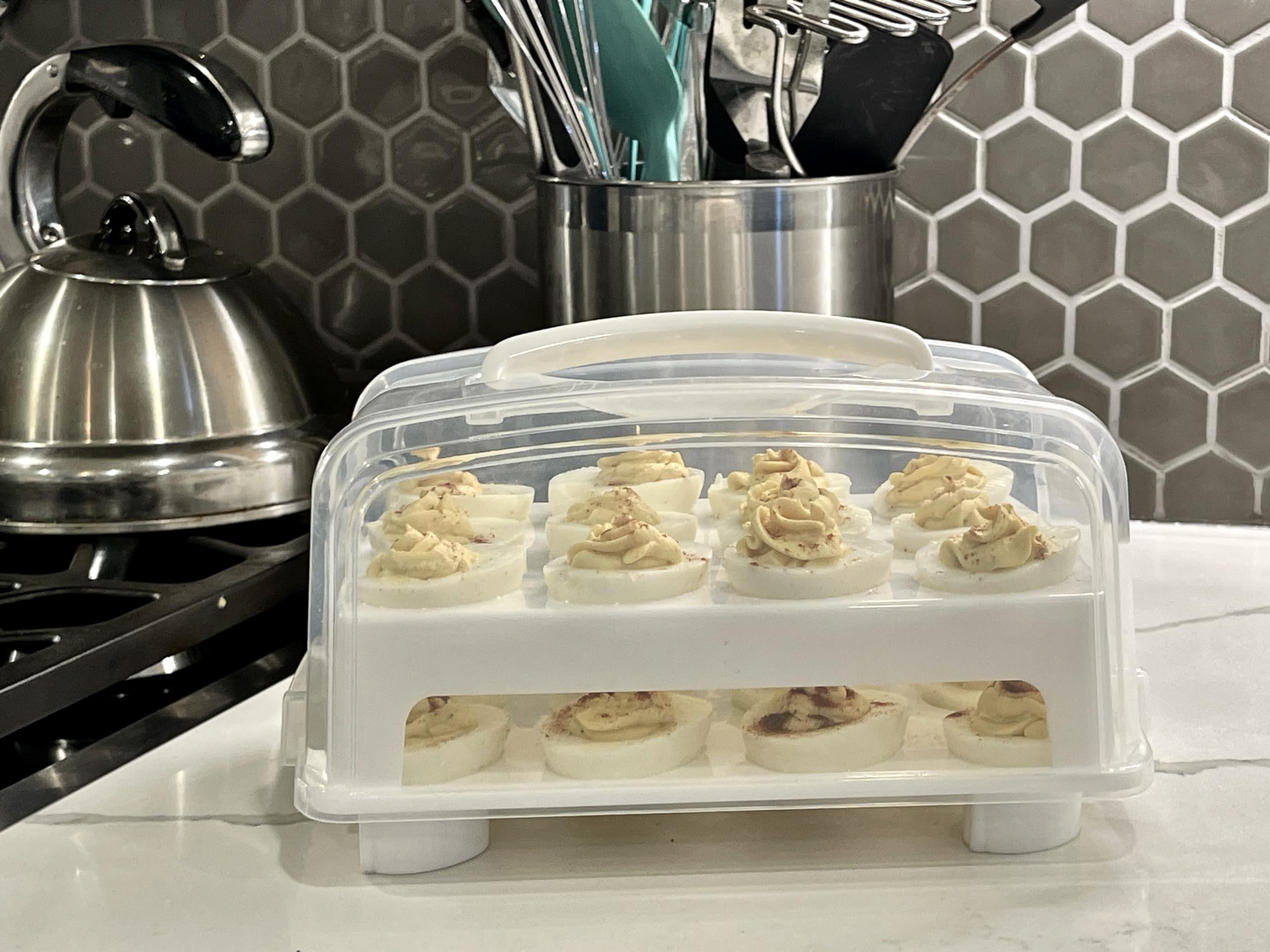 Top Shelf Elements Deviled Egg Carrier, Egg Holder Carries 24 Standard-Size Eggs/Deviled Eggs, Durable Egg Traveler Two Tier Stand and Reusable Egg Box (White)