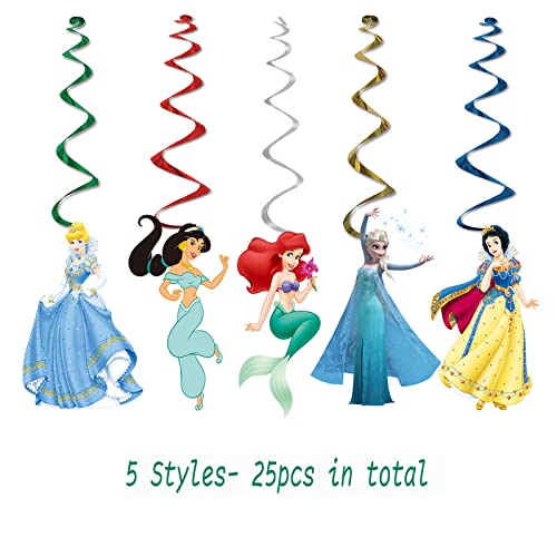 25 Set Foil Princess Hanging Swirls Decoration, Double Sided Cartoon Spiral Streamers Ceiling Ornament Set For Princess Theme Birthday Party Supplies