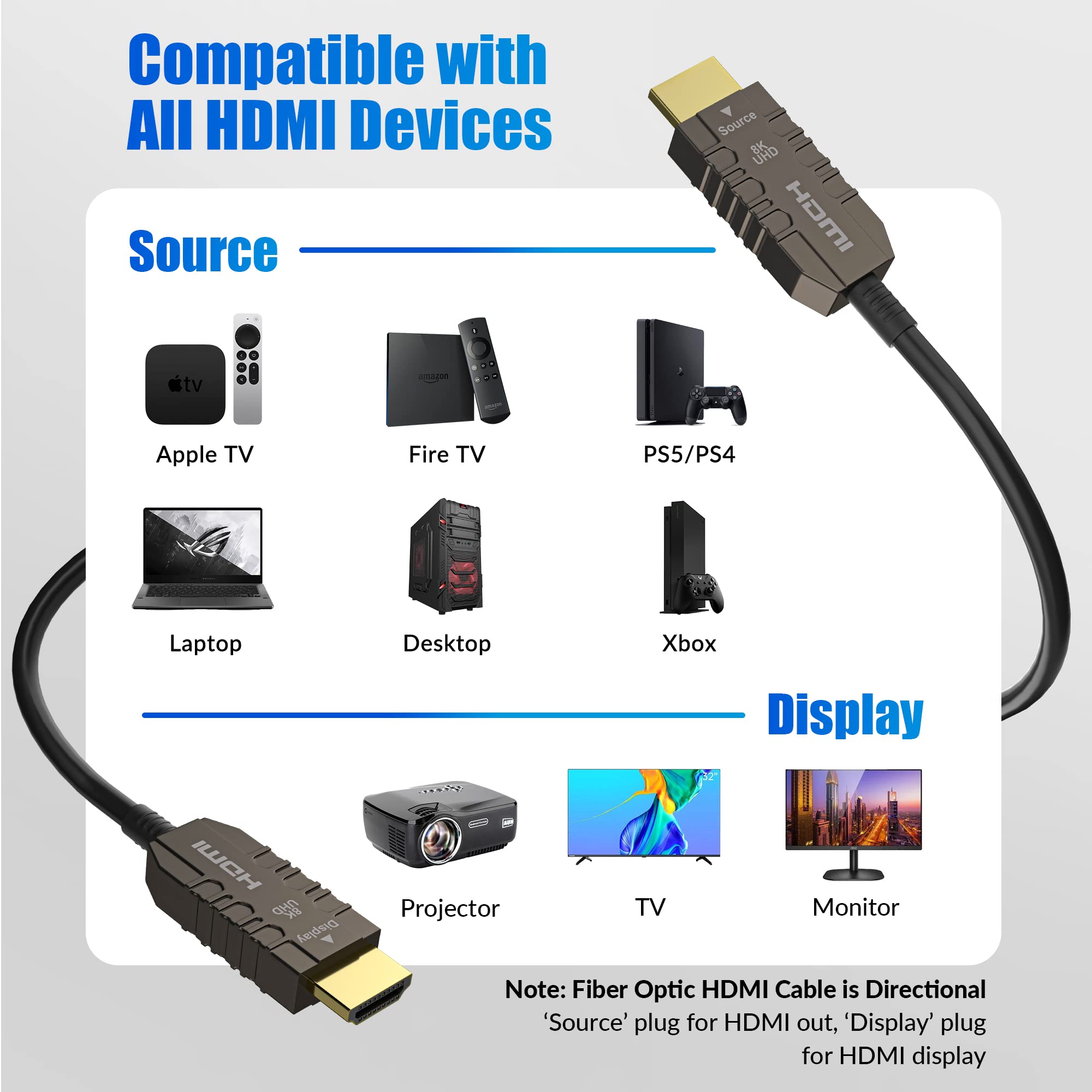 Certified 8K Fiber Optic HDMI® Cable 50FT, Real HDMI® Cable, Ultra HD, 48Gbps, Supports 8K@60Hz, 4K@120Hz, 2K@144Hz, HDR, HDCP 2.2&2.3, Dolby, eARC for Xbox, Series X, Laptop, Switch, PS5, UHD TV