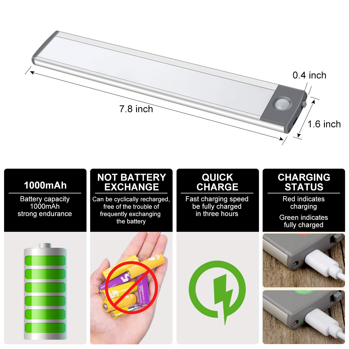 30-LED Motion Sensor Cabinet Light,Under Counter Closet Lighting, Wireless USB Rechargeable Kitchen Night Lights,Battery Powered Light,Uniform Light for Wardrobe,Cabinet,Cupboard(Warm Light)