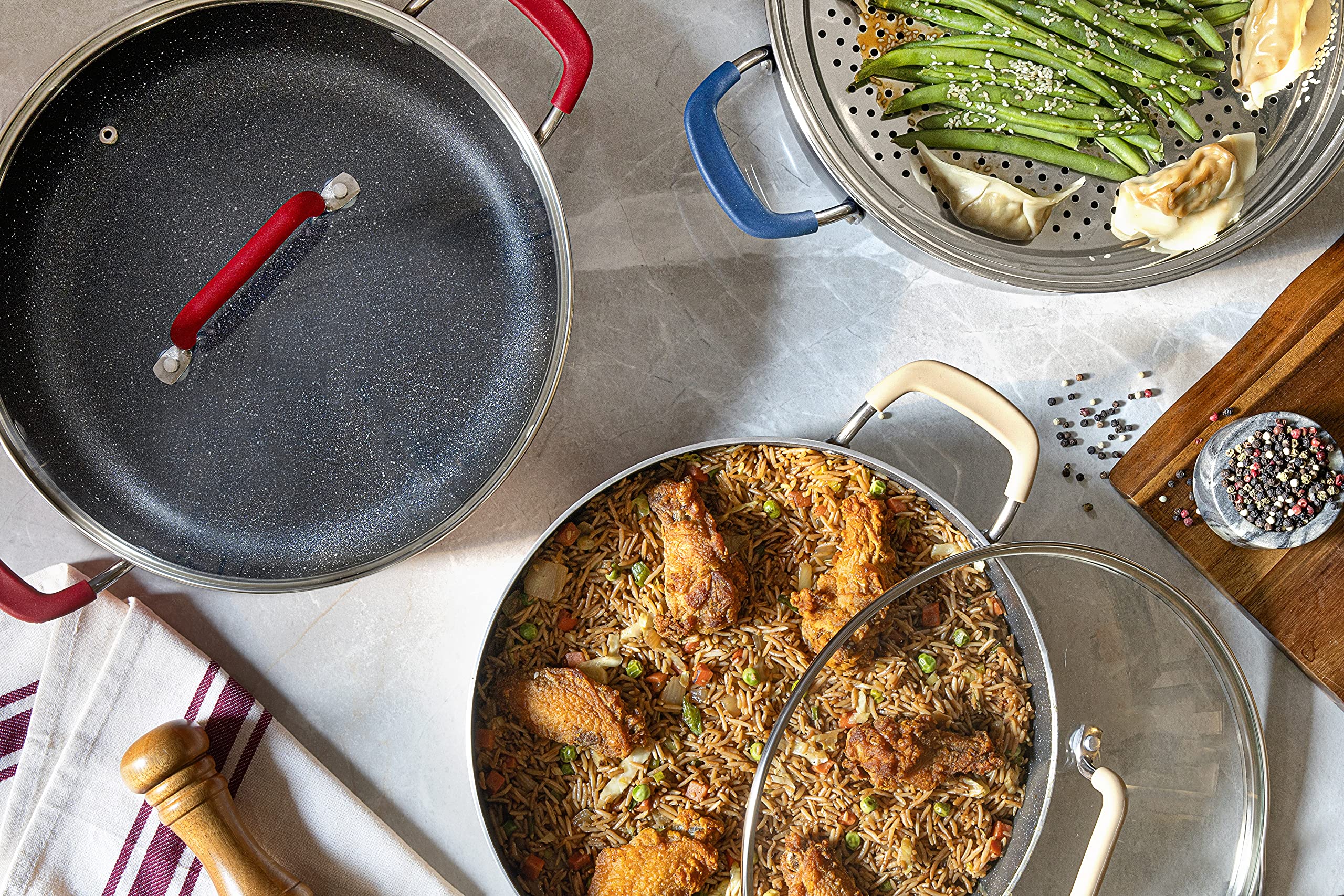 Granitestone Nonstick Everyday Pan Stir Fry Pan Multi-Purpose Pan 3 Piece Set with Tempered Glass Lid & Stainless-Steel Steamer, 5.5 Qt, Dishwasher Safe - 100% PFOA FREE, Turquoise