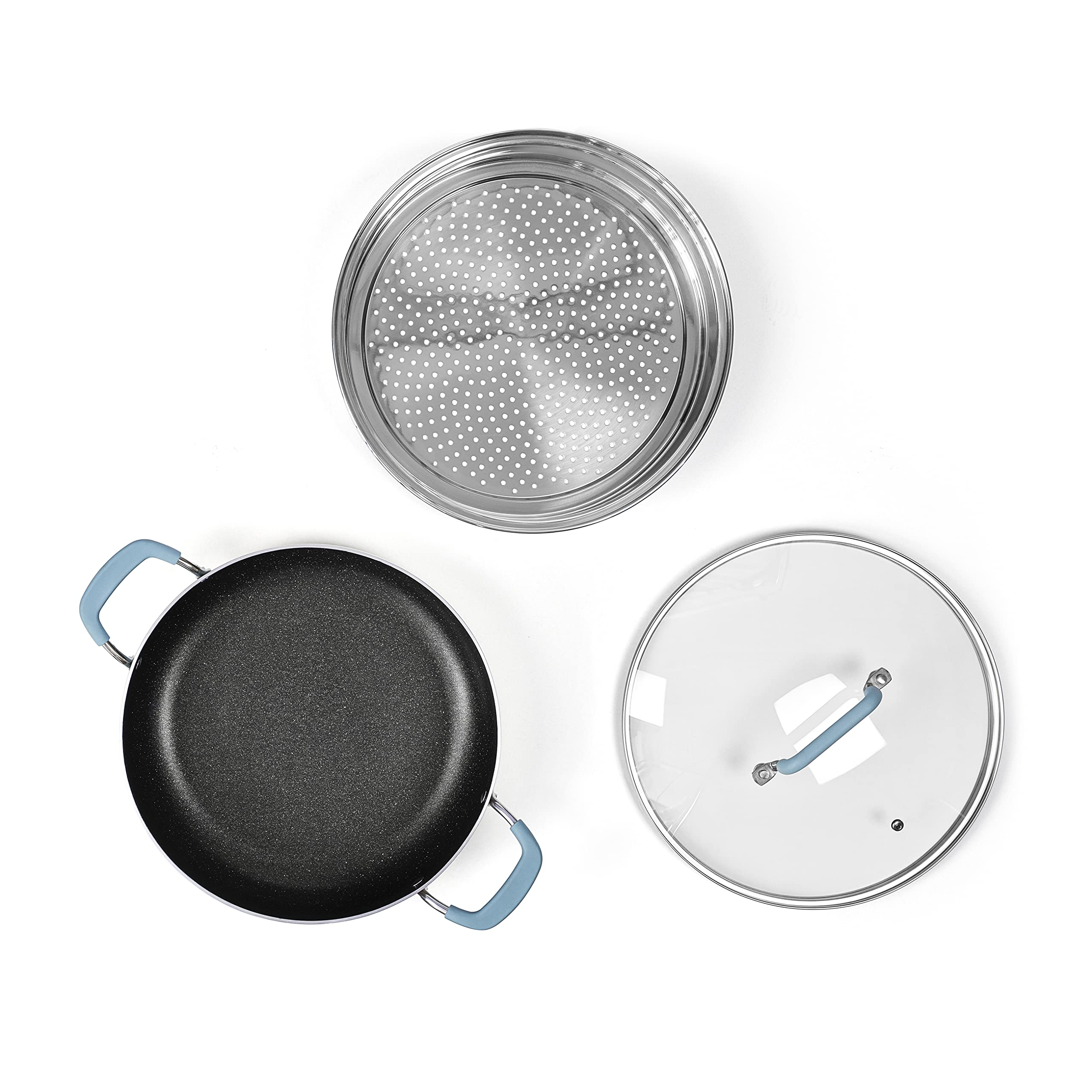 Granitestone Nonstick Everyday Pan Stir Fry Pan Multi-Purpose Pan 3 Piece Set with Tempered Glass Lid & Stainless-Steel Steamer, 5.5 Qt, Dishwasher Safe - 100% PFOA FREE, Turquoise