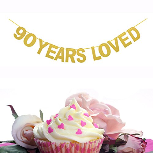 Qibote Gold Glitter 90 Years Loved Banner for 90th Birthday, 90 Wedding Anniversary Party Decorations