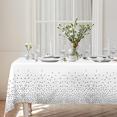Paready White Silver Plastic Tablecloth 4 Pack 54" x 108", White Disposable Tablecloth with Silver Dot Confetti, Rectangular Plastic Table Cover for Parties, Birthday, Wedding, Graduation, Anniversary