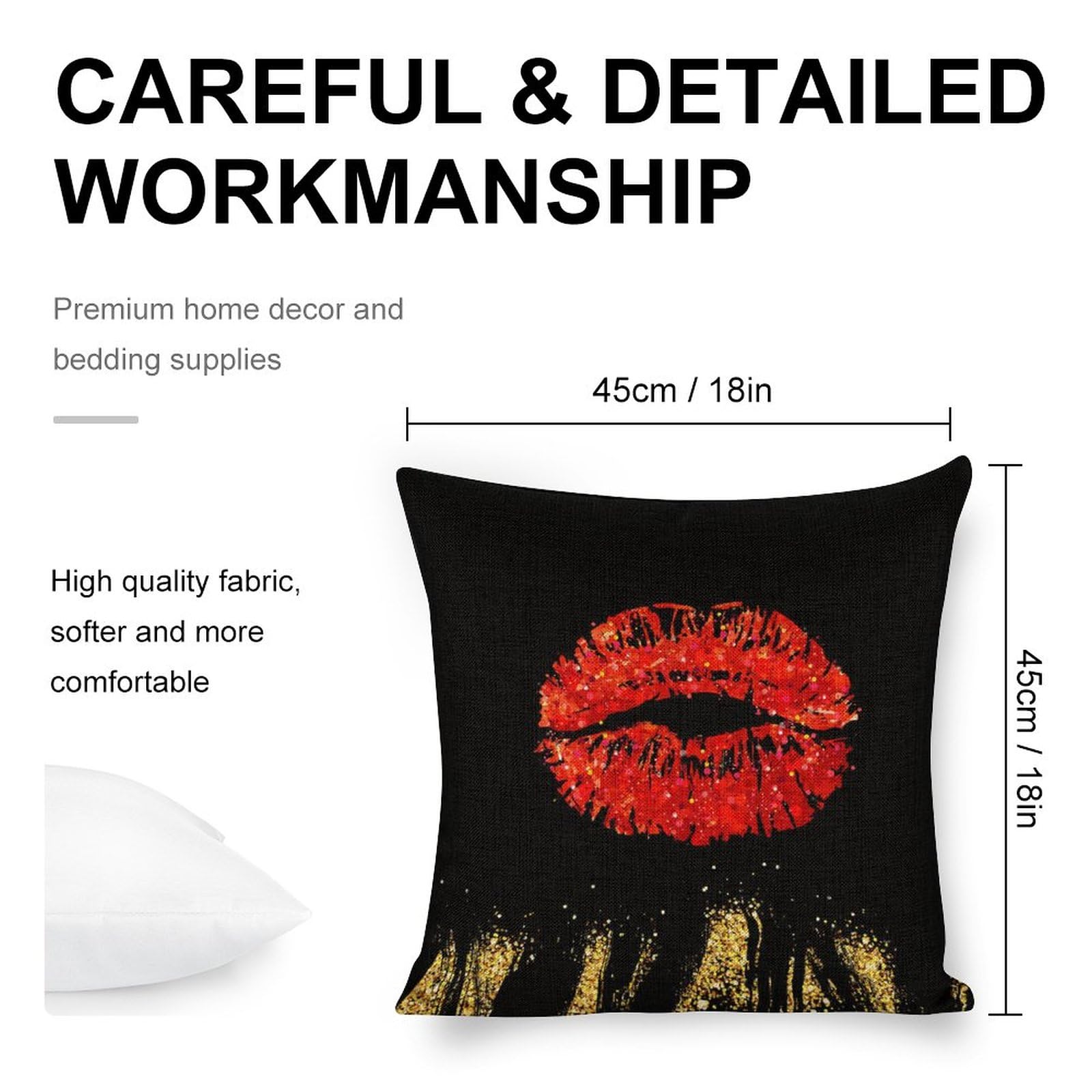 JOJOART Red Glitter Mouth Throw Pillow Covers 18×18 Pillowcases Set of 1 Sexy Kiss Lips Linen Decorative Square Pillow Case Cushion Covers Standard Size for Sofa Couch Outdoor Bed Pillow Protectors