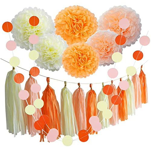 Orange Fall Party Hanging Decorations Thanksgiving Party Ceiling Hangings Wedding Decorations Tissue Paper Pom-Poms Tassel Garlands Baby Shower Birthday Party Decorations