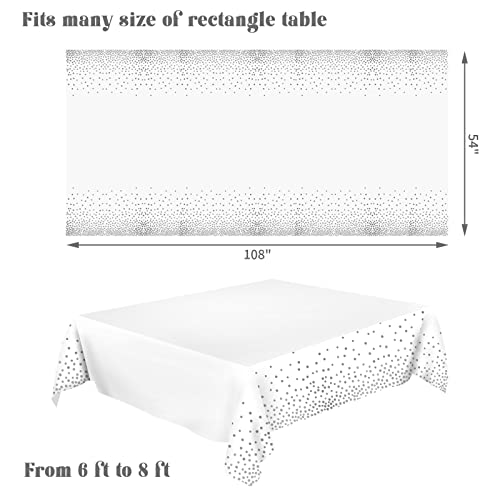 Paready White Silver Plastic Tablecloth 4 Pack 54" x 108", White Disposable Tablecloth with Silver Dot Confetti, Rectangular Plastic Table Cover for Parties, Birthday, Wedding, Graduation, Anniversary