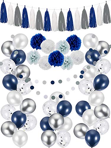 66 Pieces Blue Party Decorations Include Blue White Grey Balloons, Paper Pom Flowers, Tassel Garland and Round Party Garland for Blue Birthday Party Wedding Baby Shower Graduation Ceremony