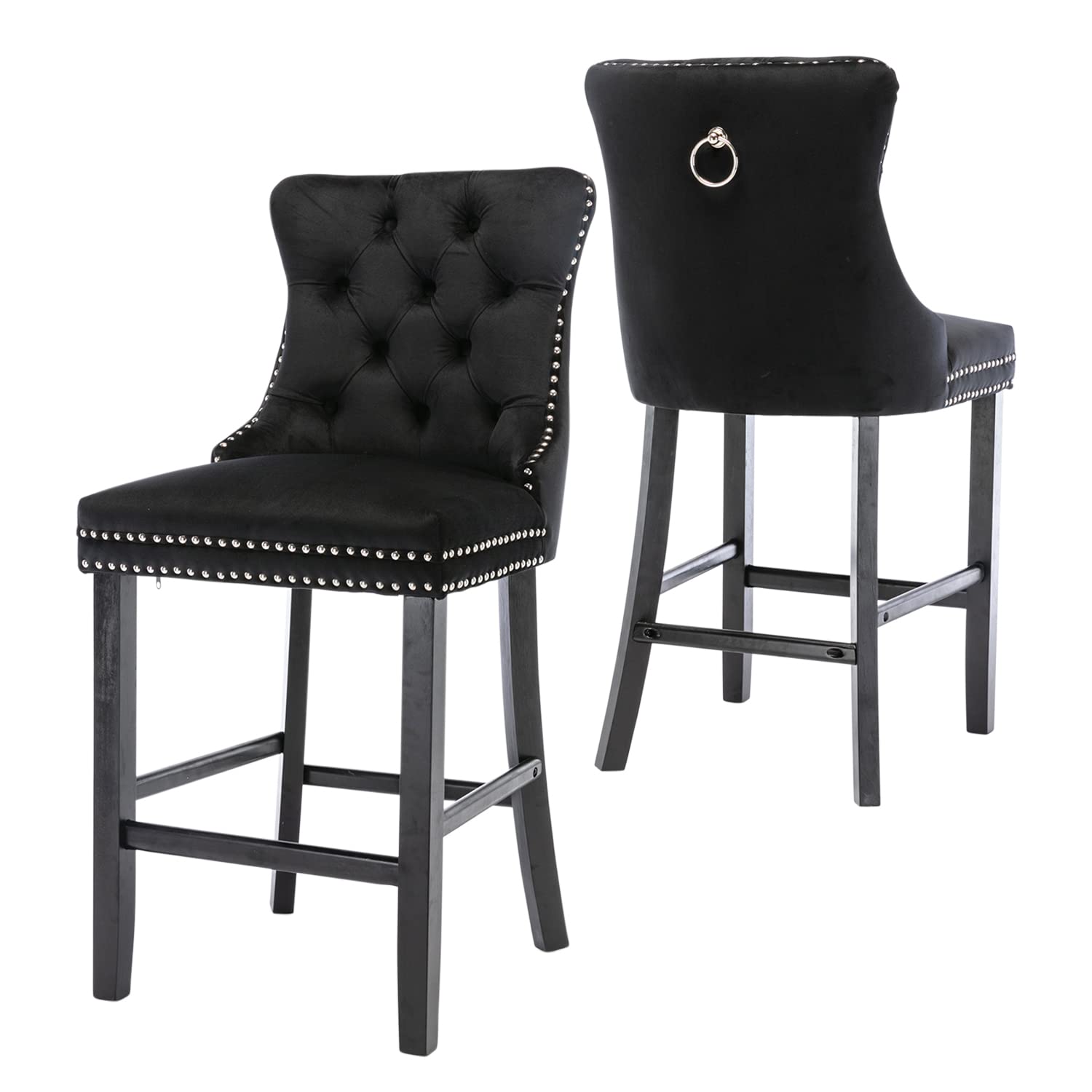 Kiztir Counter Height Bar Chairs Set of 2, 27" Modern Velvet Bar Stools with Button Decor, Nailhead Trim, Solid Wooden Legs, Beige Upholstered Bar Stools for Kitchen, Cafe, Pub (Black)