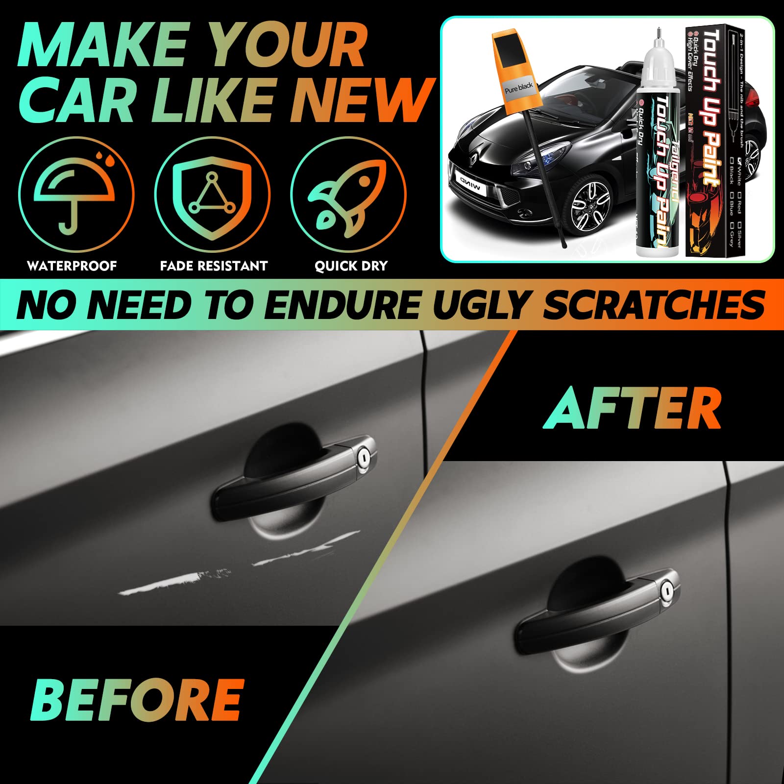Touch Up Paint For Cars, Quick And Easy Car Auto Paint Touch Up For Car Scratch,Two-In-One Car Paint Scratch Repair, Car Scratch Remover For Deep Scratches, Car Automotive Touch Up Paint (Black)