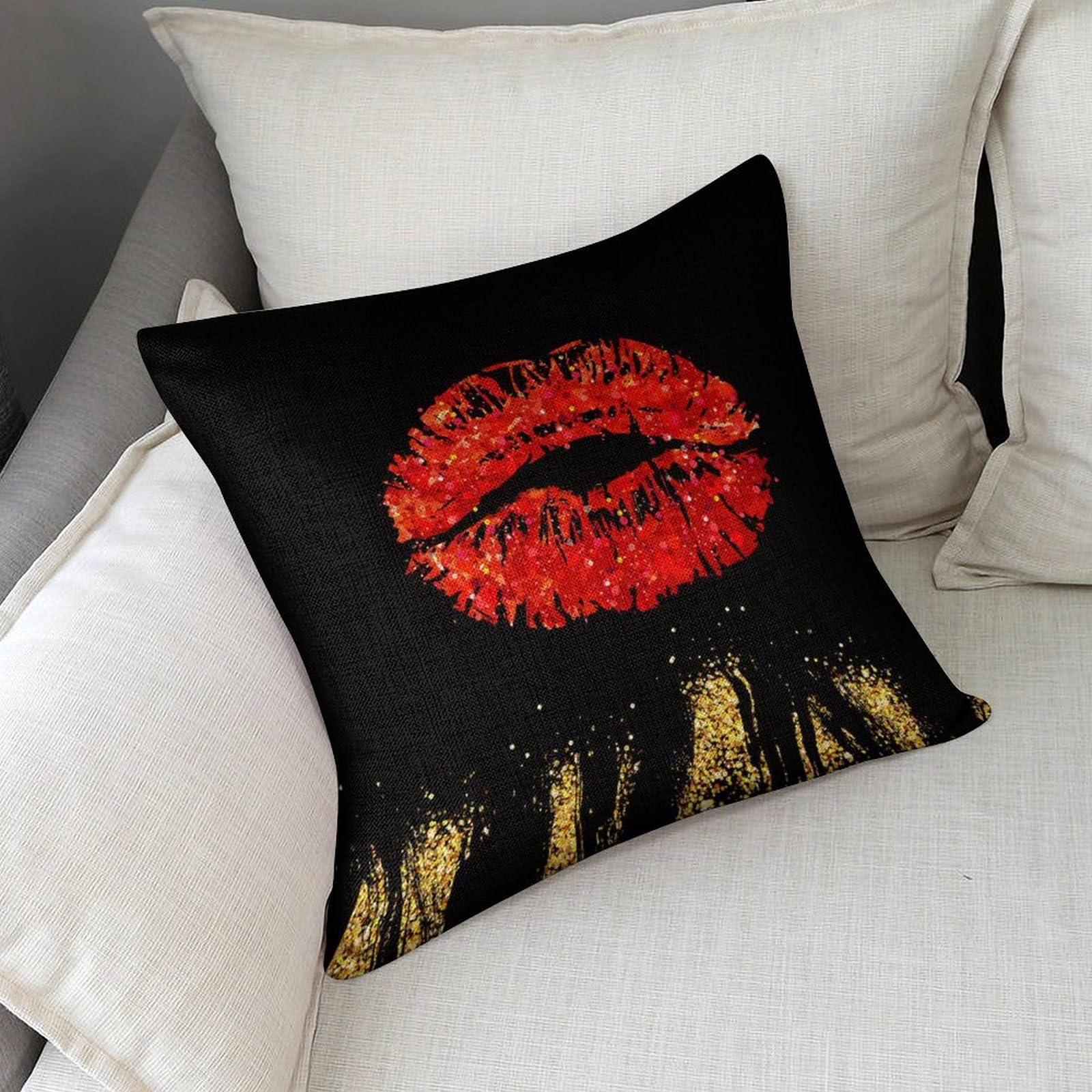 JOJOART Red Glitter Mouth Throw Pillow Covers 18×18 Pillowcases Set of 1 Sexy Kiss Lips Linen Decorative Square Pillow Case Cushion Covers Standard Size for Sofa Couch Outdoor Bed Pillow Protectors
