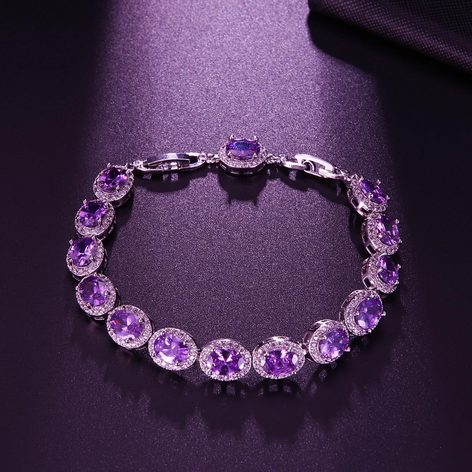 Hermosa Elegant Oval Gemstone Silver Bangle Bracelet with 1-Inch Extender Chain | Adjustable 7-8 Inches | Hypoallergenic Jewelry Gift for Women(Amethyst)