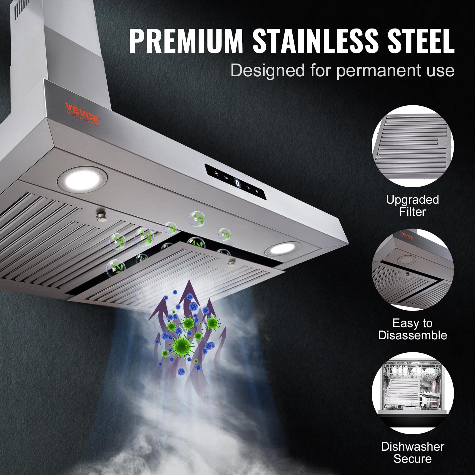 VBENLEM Wall Mount Range Hood, Ductless Chimney-Style Kitchen Stove Vent, Stainless Steel Permanent Filter with 3-Speed Exhaust Fan, 2 Baffle Filters, LED Lights, Touch Control Panel (30 inch)