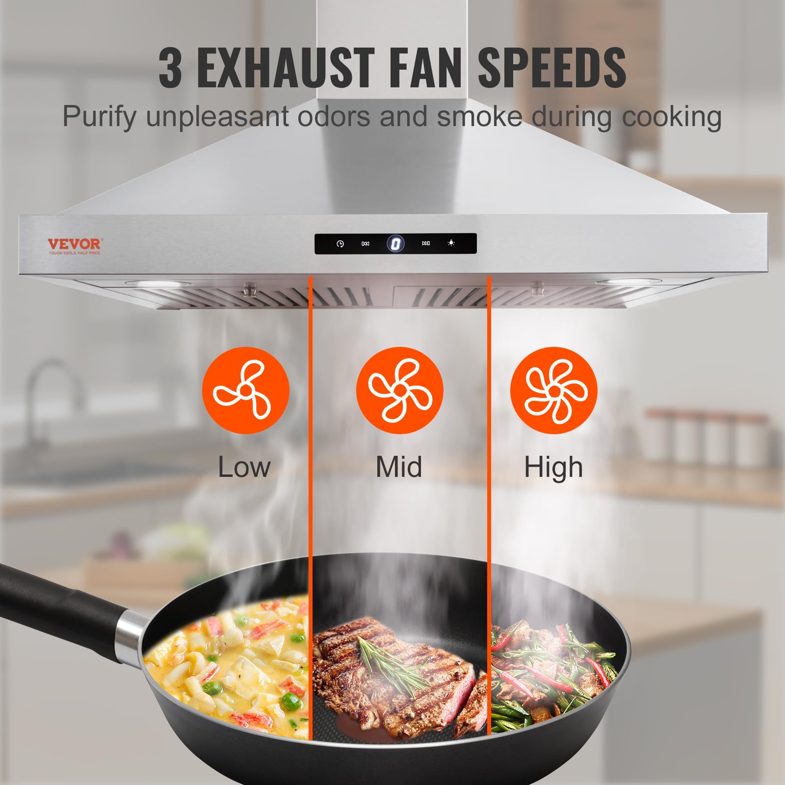 VBENLEM Wall Mount Range Hood, Ductless Chimney-Style Kitchen Stove Vent, Stainless Steel Permanent Filter with 3-Speed Exhaust Fan, 2 Baffle Filters, LED Lights, Touch Control Panel (30 inch)