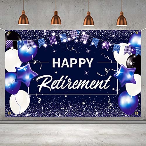 P.G Collin Happy Retirement Banner Backdrop Sign Retirement Going Away Party Decorations Supplies for Men Women 6 x 4ft, Blue White Retirement