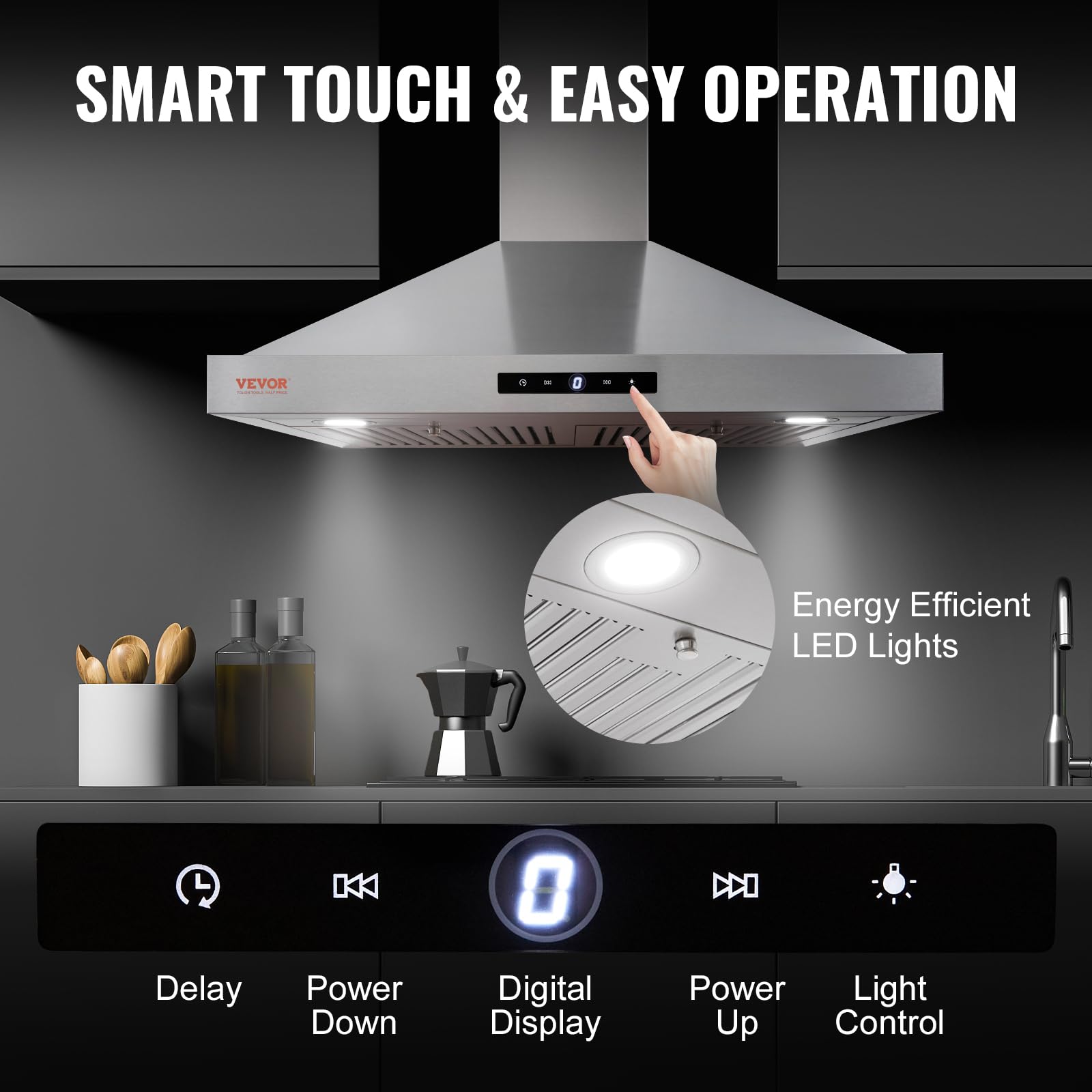 VBENLEM Wall Mount Range Hood, Ductless Chimney-Style Kitchen Stove Vent, Stainless Steel Permanent Filter with 3-Speed Exhaust Fan, 2 Baffle Filters, LED Lights, Touch Control Panel (30 inch)