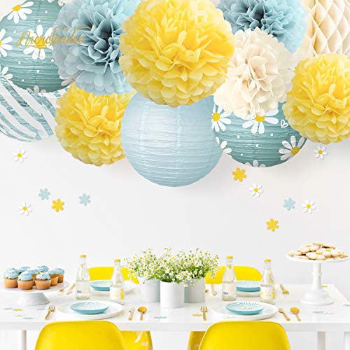 NICROLANDEE 12Pcs Yellow Blue Daisy Paper Lanterns Tissue Pom Poms Table Confetti 50G for Daisy Party, Boho First Birthday, Garden Party, Wedding, Baby Shower, Bridal Shower, Easter Decor