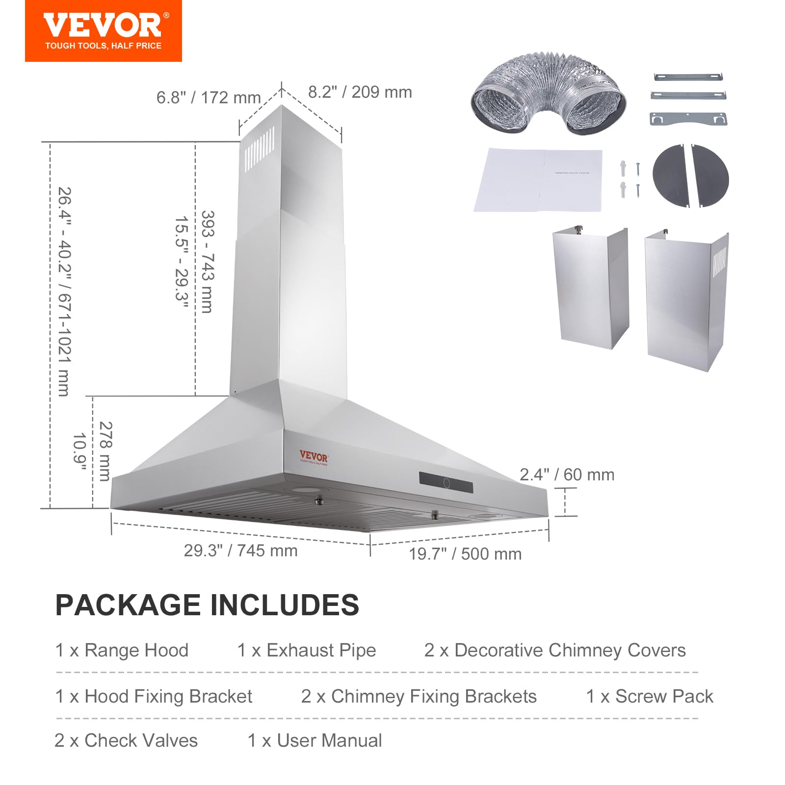 VBENLEM Wall Mount Range Hood, Ductless Chimney-Style Kitchen Stove Vent, Stainless Steel Permanent Filter with 3-Speed Exhaust Fan, 2 Baffle Filters, LED Lights, Touch Control Panel (30 inch)