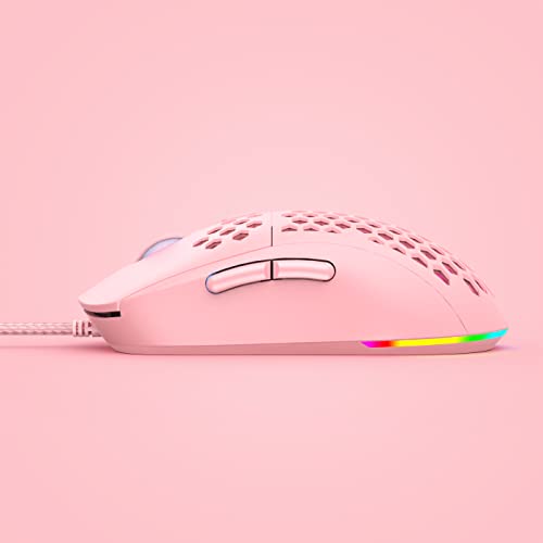 TMKB Falcon M1SE Ultralight Honeycomb Gaming Mouse, High-Precision 12800DPI Optical Sensor, 6 Programmable Buttons, Customizable RGB, Drag-Free Paracord, Ergonomic Wired Gaming Mouse - Matte Pink