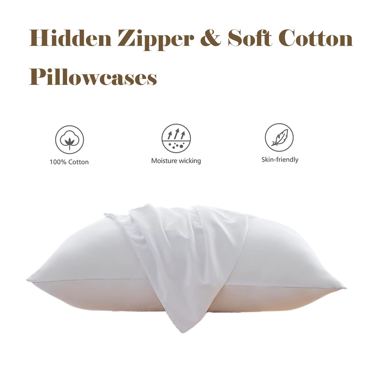 Bedemu White Pillow Cases Set of 2 with Invisible Zipper, 100% Cotton Pillow Protectors with 600 Thread Count, Cooling & Breathable Pillow Case for Hot Sleepers, Standard Size 20 x 26 Inches, 2 Pack