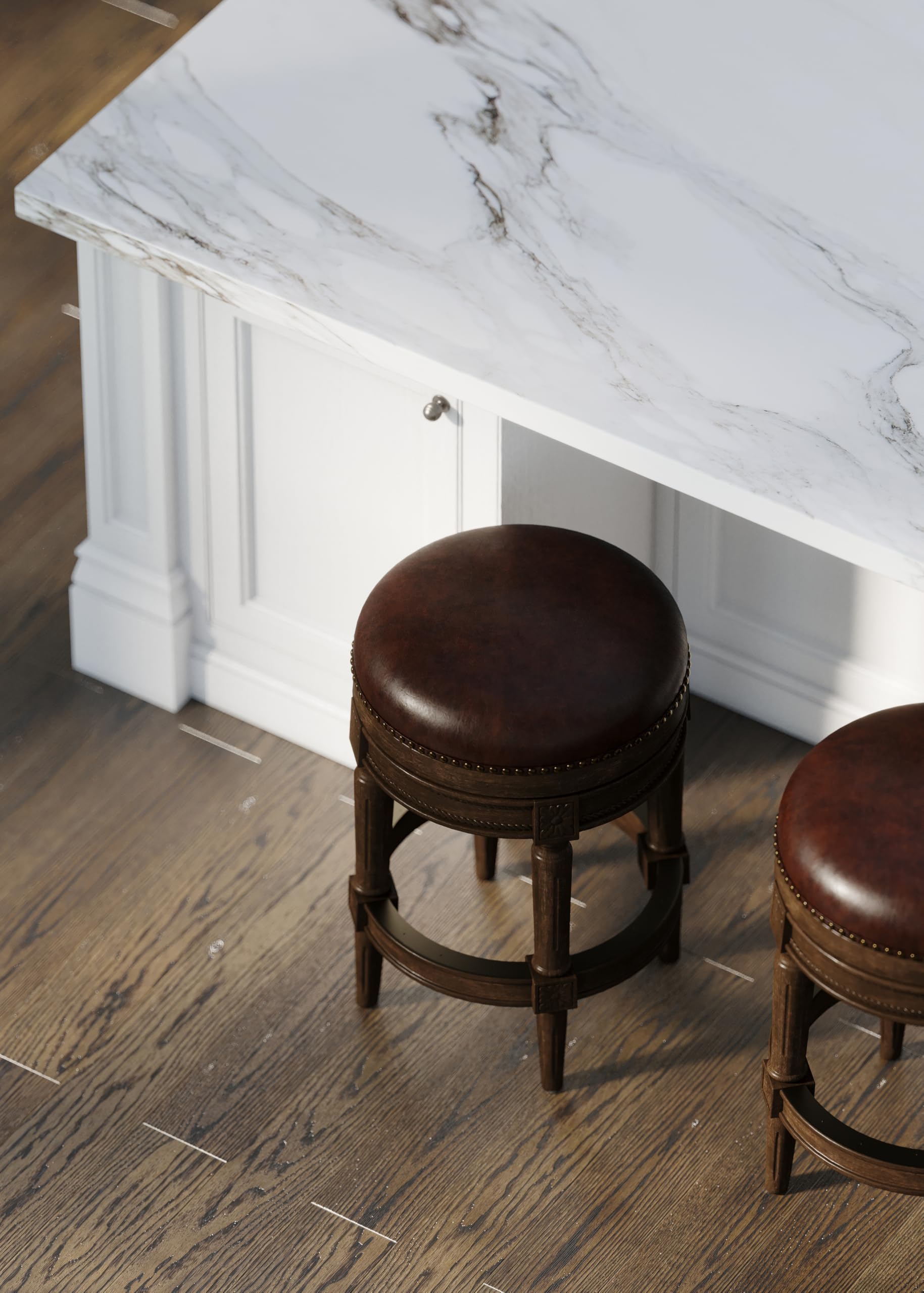 Maven Lane Pullman 26 Inch Tall Counter Height Upholstered Backless Barstool in Dark Walnut Finish with Vintage Brown Vegan Leather Cushion Seat