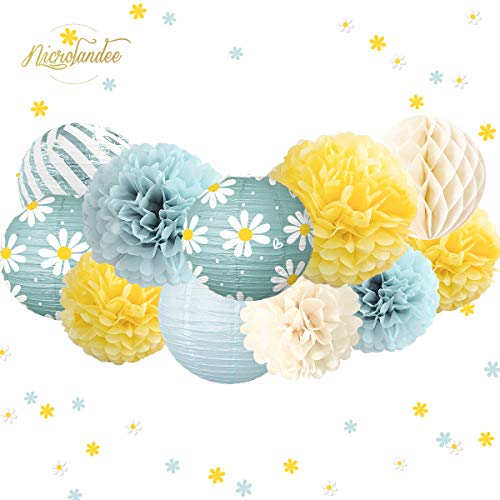 NICROLANDEE 12Pcs Yellow Blue Daisy Paper Lanterns Tissue Pom Poms Table Confetti 50G for Daisy Party, Boho First Birthday, Garden Party, Wedding, Baby Shower, Bridal Shower, Easter Decor