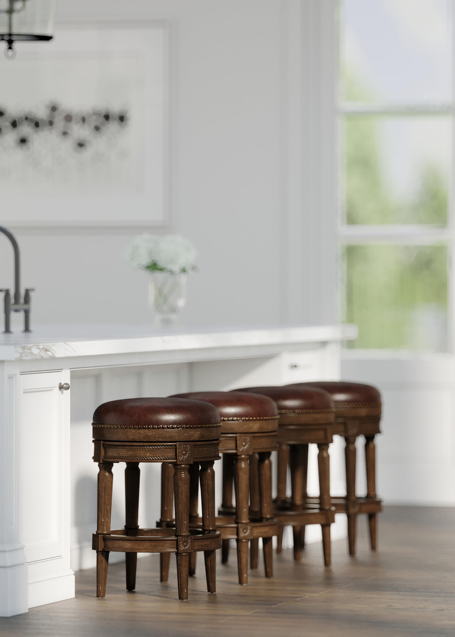 Maven Lane Pullman 26 Inch Tall Counter Height Upholstered Backless Barstool in Dark Walnut Finish with Vintage Brown Vegan Leather Cushion Seat