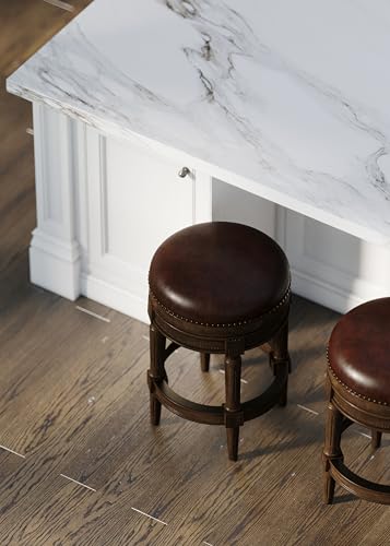 Maven Lane Pullman 26 Inch Tall Counter Height Upholstered Backless Barstool in Dark Walnut Finish with Vintage Brown Vegan Leather Cushion Seat