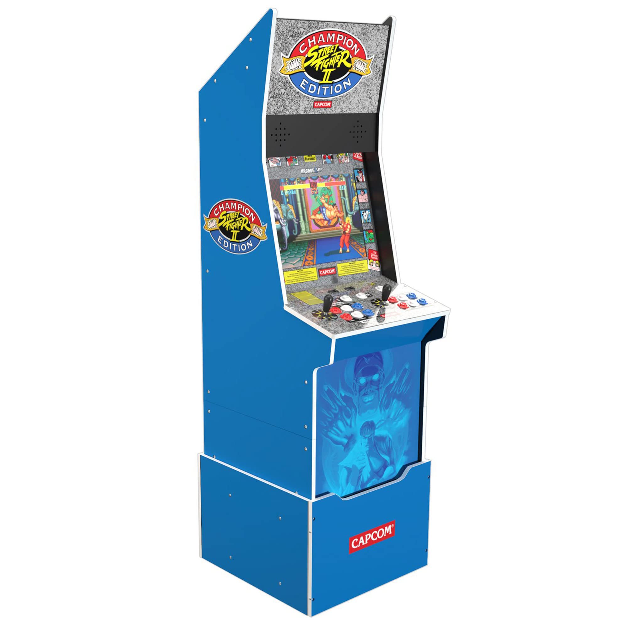 Arcade1Up Street Fighter II Champion Edition Big Blue Cabinet Style Arcade Machine w/ 12 Games, Coinless Operation, Light-Up Marquee, WiFi, and Stool
